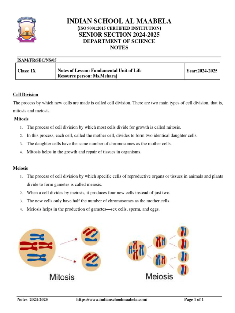 Class-9-Biology-Chapter-5-Cell Division | PDF | Wellness