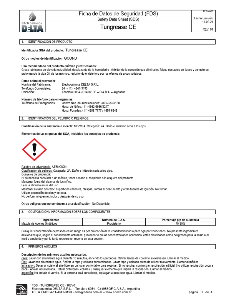 Ficha de Seguridad Tungrease CE | PDF | Agua | Residuos