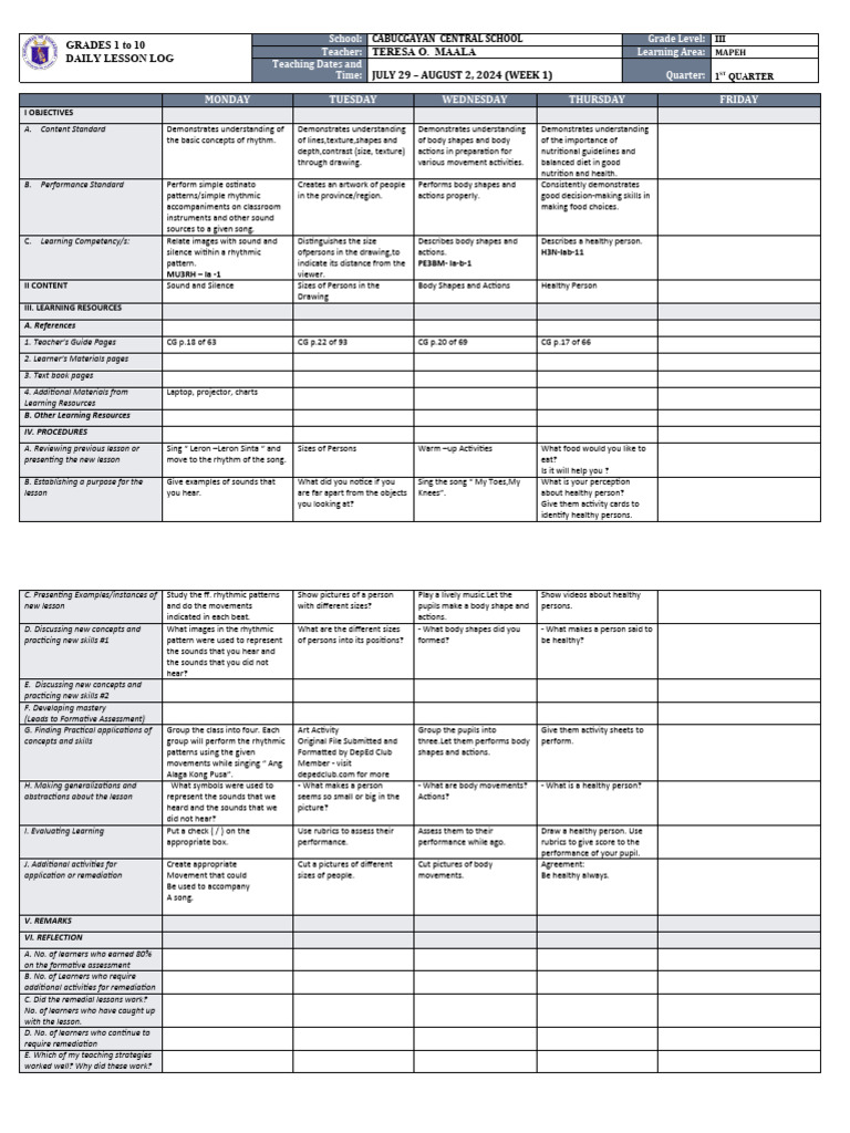 DLL - Mapeh 3 - Q1 - W1 | PDF | Learning | Behavior Modification