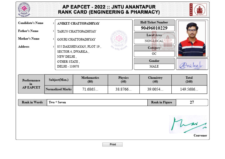 AP Eapcet - 2022 - Rank Card | PDF