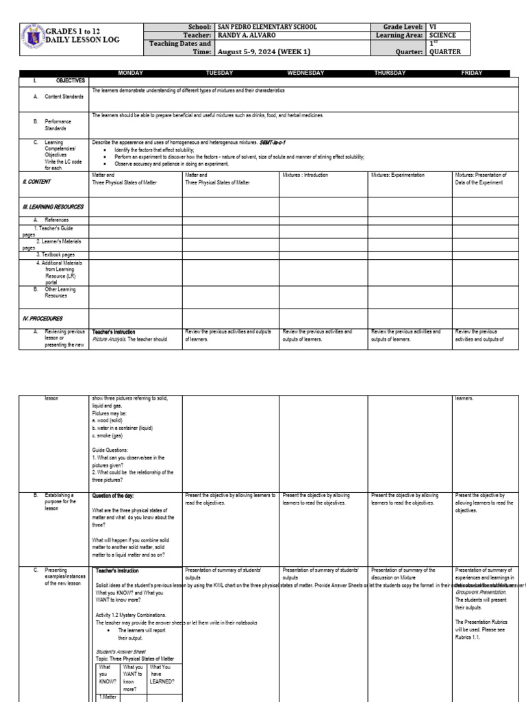 DLL - Science 6 - Q1 - W1 | PDF | Mixture | Learning