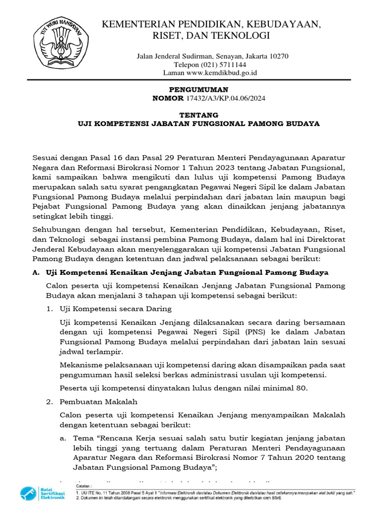 Pengumuman Uji Kompetensi JF Pamong Budaya 2024 | PDF