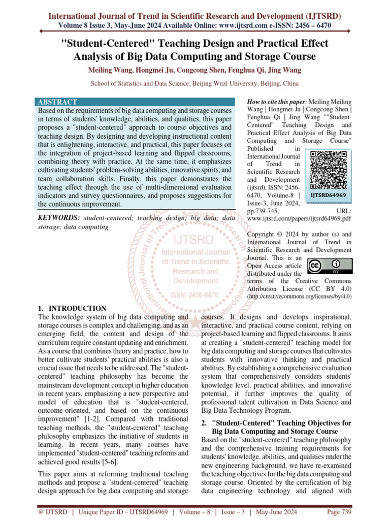 Student Centered Teaching Design and Practical Effect Analysis of Big Data Computing and Storage ...