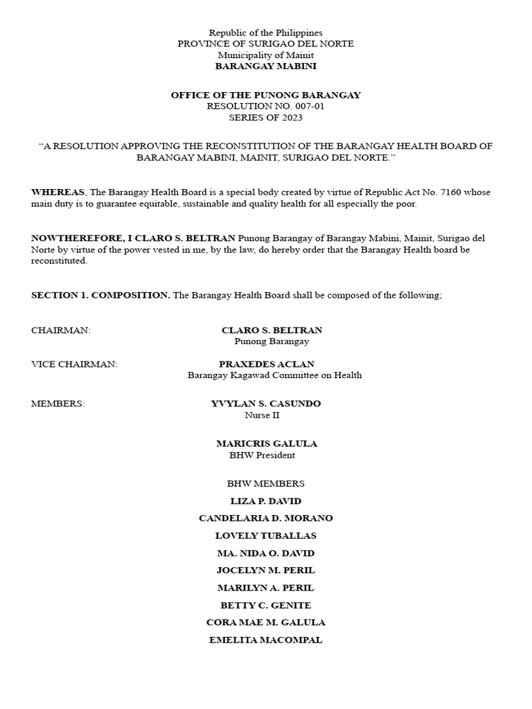 Reconstitution of Barangay Health Board | PDF | Governance | Justice