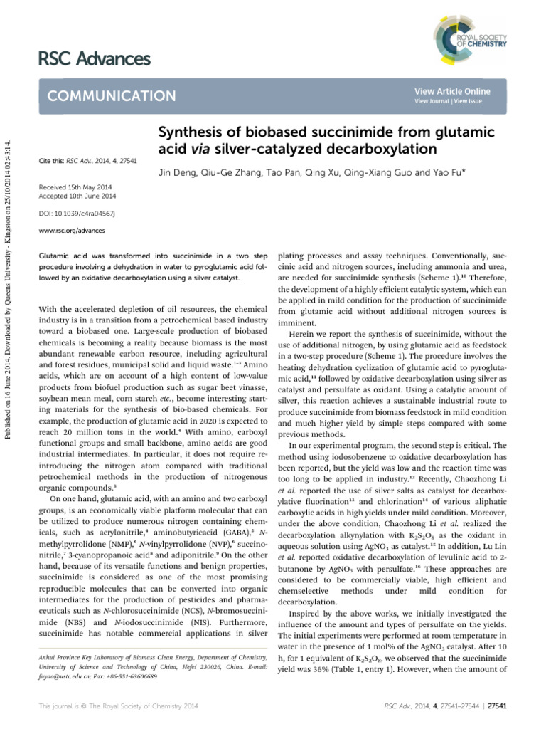 Succinimide From Glutamic Acid Via Ag | PDF | Catalysis | Silver