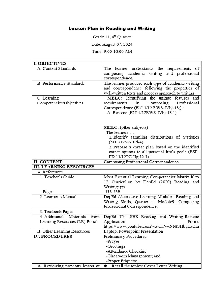 Grade 11 Lesson Plan: Writing Resumes | PDF | Résumé | Human Communication