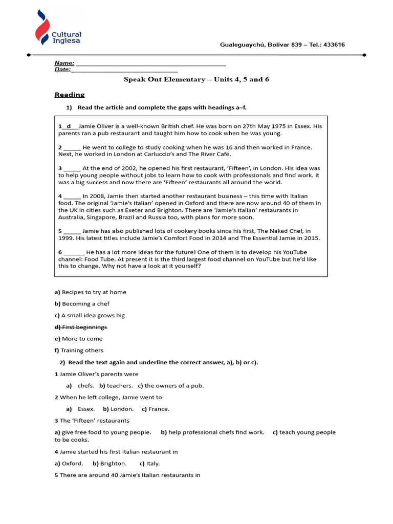 Speak Out Elementary Test Units 4 To 6 PDF Cooking Foods
