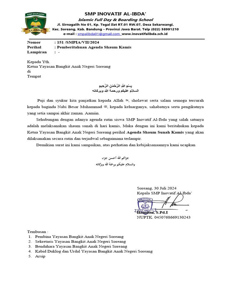 Agenda Shaum Kamis SMP Al-Ibda’ 2024 | PDF