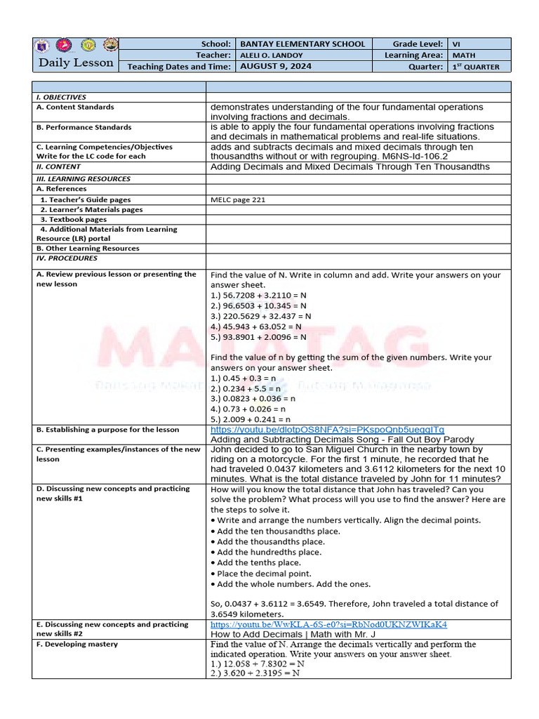 DLL Math 6 q1, w4, d1 | PDF | Learning | Cognitive Science