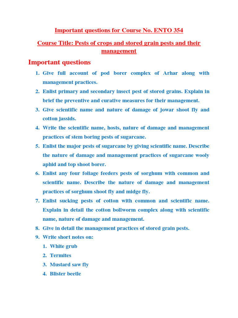 Important Questions ENTO 354 for Final Theory Exam 2022-23 | PDF | Rice | Pest (Organism)