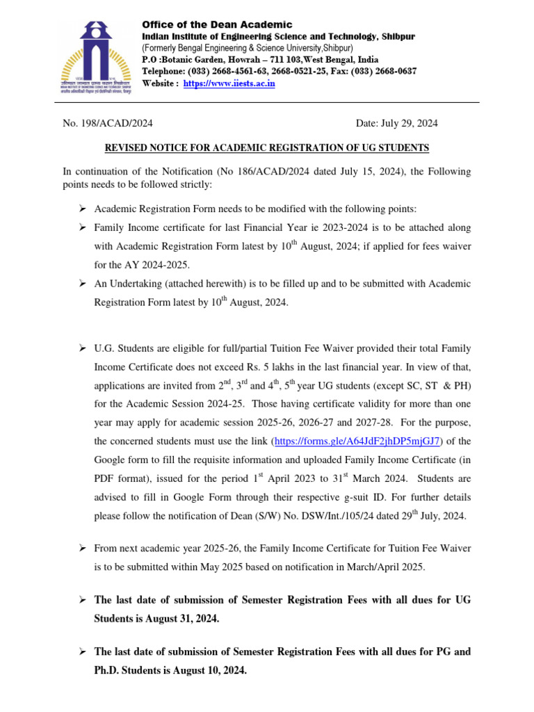 Notification Semester Registration UG PG PHD Academic Registration Form ...