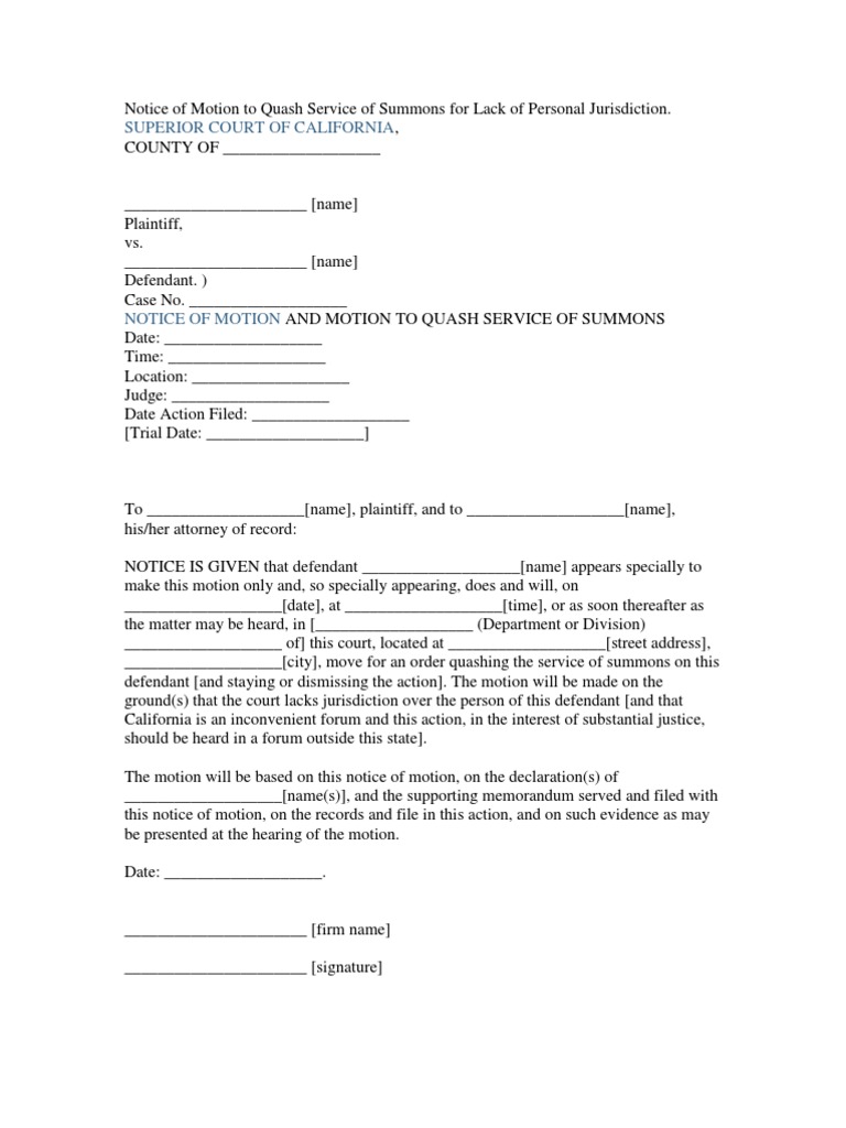 Notice of Motion to Quash Service of Summons for Lack of Personal ...