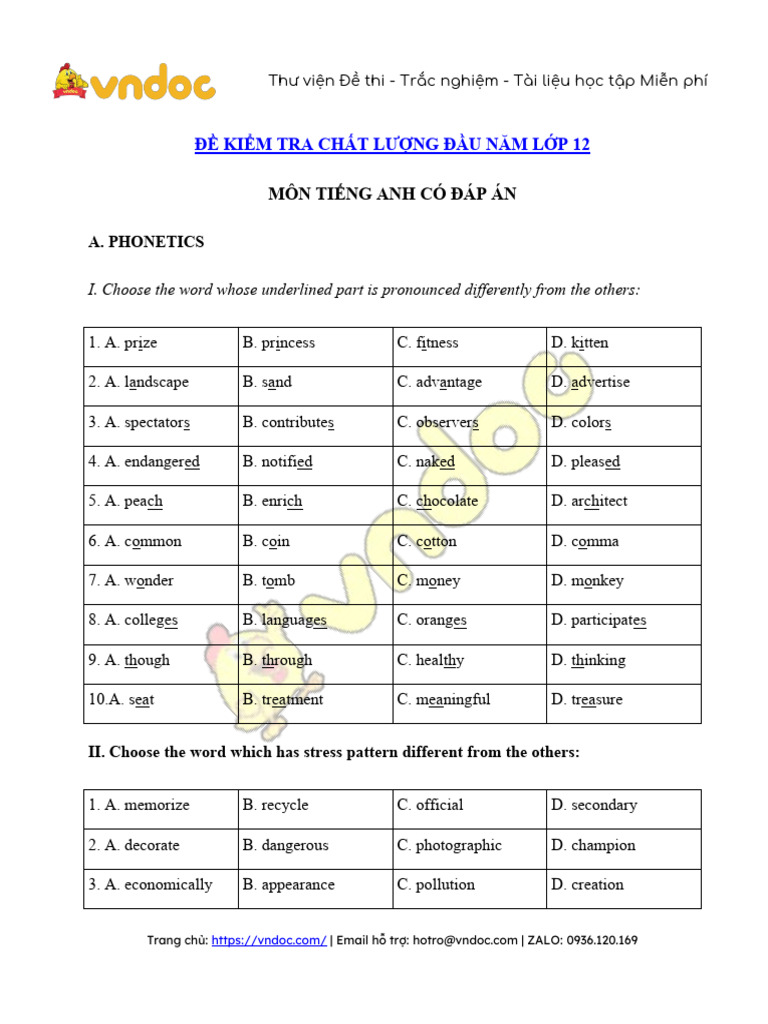 De Khao Sat Chat Luong Dau Nam Lop 12 Mon Tieng Anh Co Dap An | PDF | Unicef