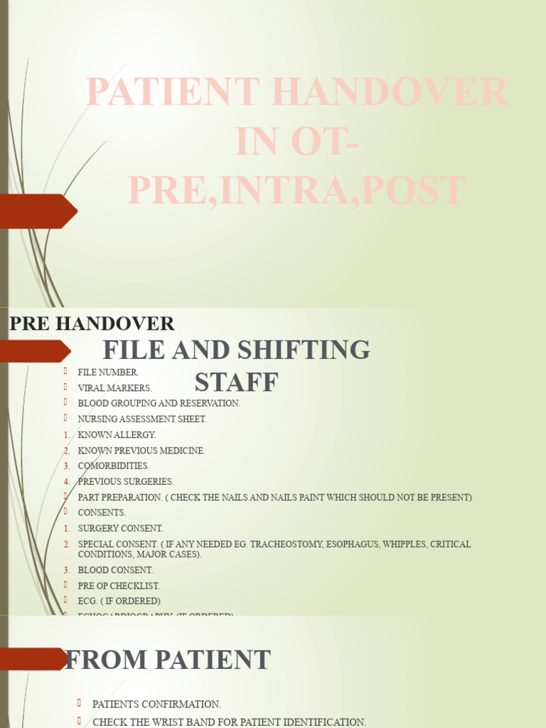 Patient Handover in Ot - Pre, Intra | PDF | Surgery | Anesthesia