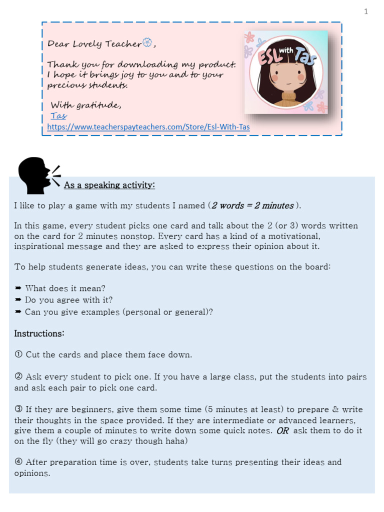 20PrintableMotivationalCardsESLSPEAKINGWRITINGactivitygameALLLEVELS 1 ...