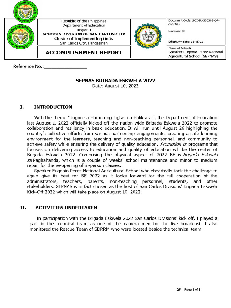 Sepnas Be 2022 Daily Accomplishment Report | PDF