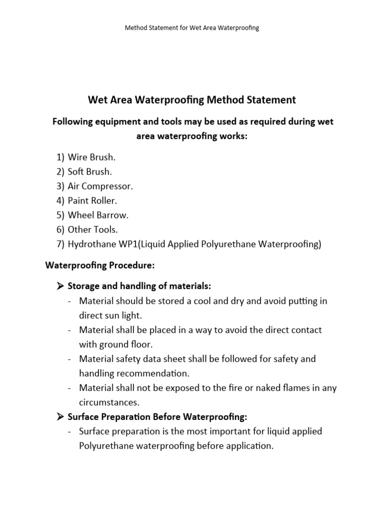 Wet Area Waterproofing Method Statement | PDF | Concrete | Building ...