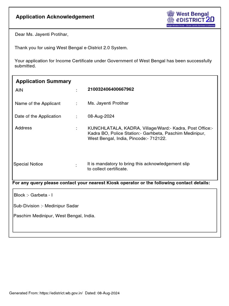Income Certificate Application Acknowledgement | PDF