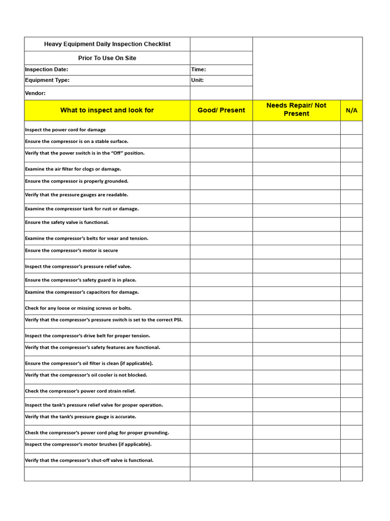 Air Compressor Checklist | PDF