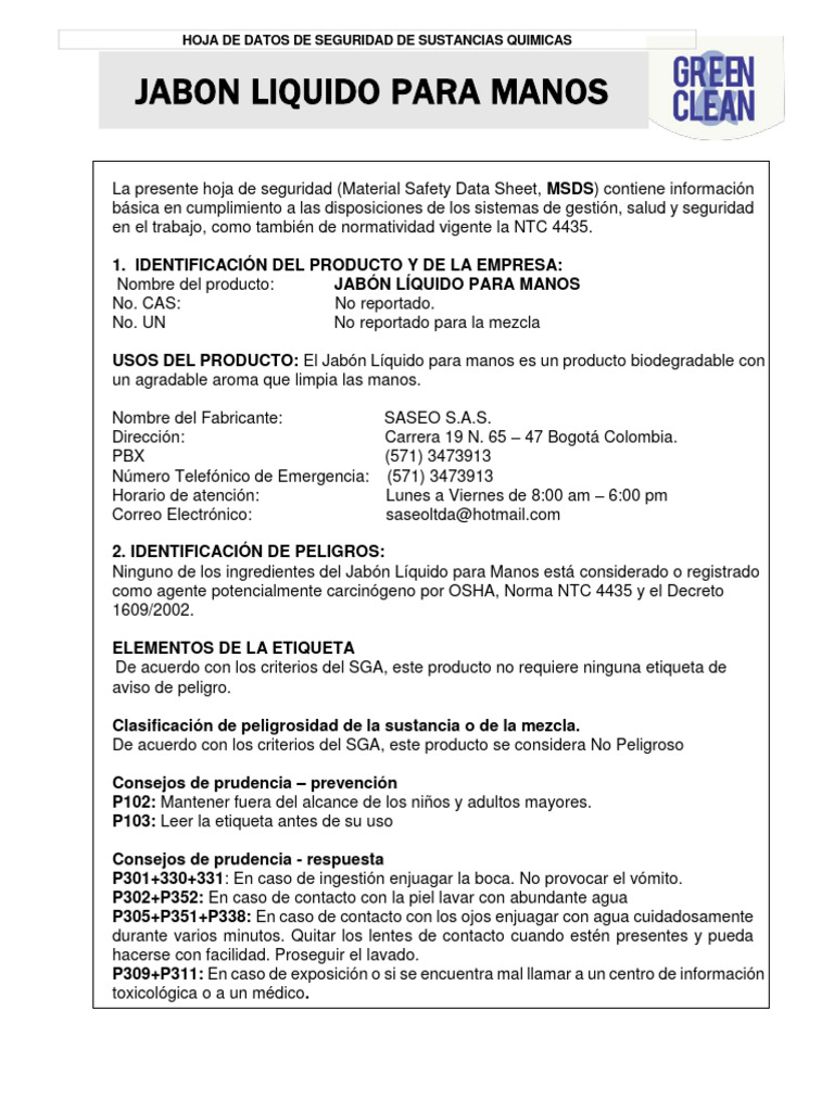 Ficha Técnica Jabon Liquido de Manos | PDF | Agua | Combustión