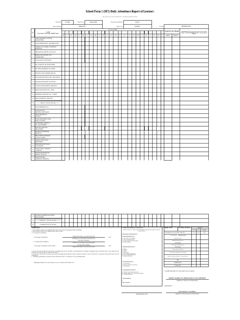 SF2 - 2024 - Grade 6 - BONIFACIO JULY | PDF