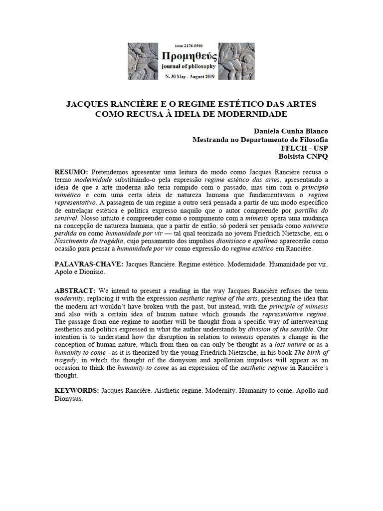 BLANCO Jacques Rancière e o Regime Estético Das Artees Como Recusa À Ideia de Modernidade | PDF ...