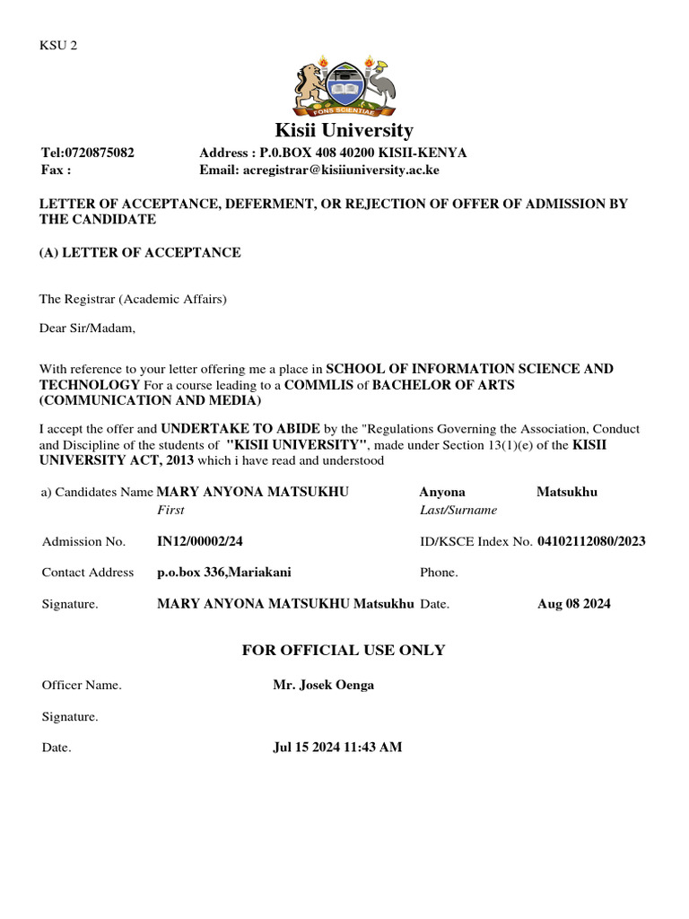 KSU 2 Admission Acceptance Letter | PDF | Law