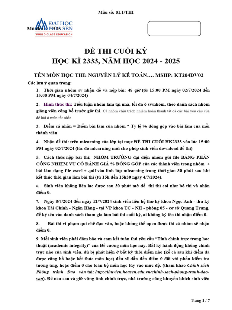 ĐỀ THI CK - NLKT - HK2333 - Final 48h | PDF