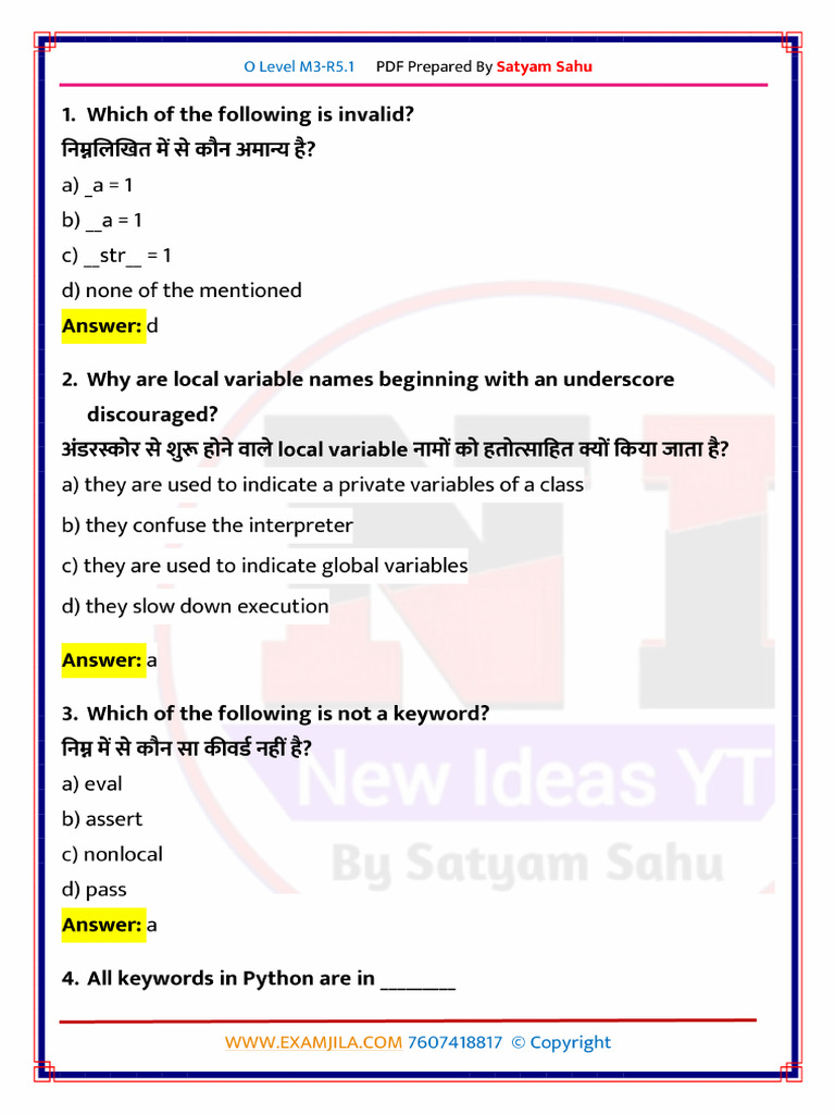 Python Objective Hindi English - Removed | PDF