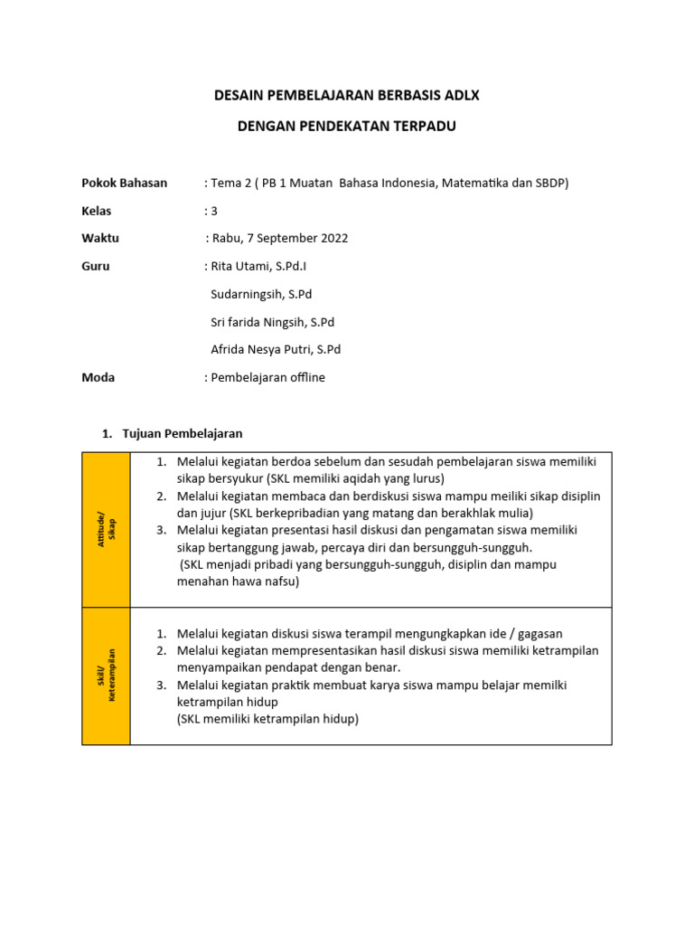 RPP Terpadu Kelas 3 Tema 2 Subtema 3 PB 1 | PDF