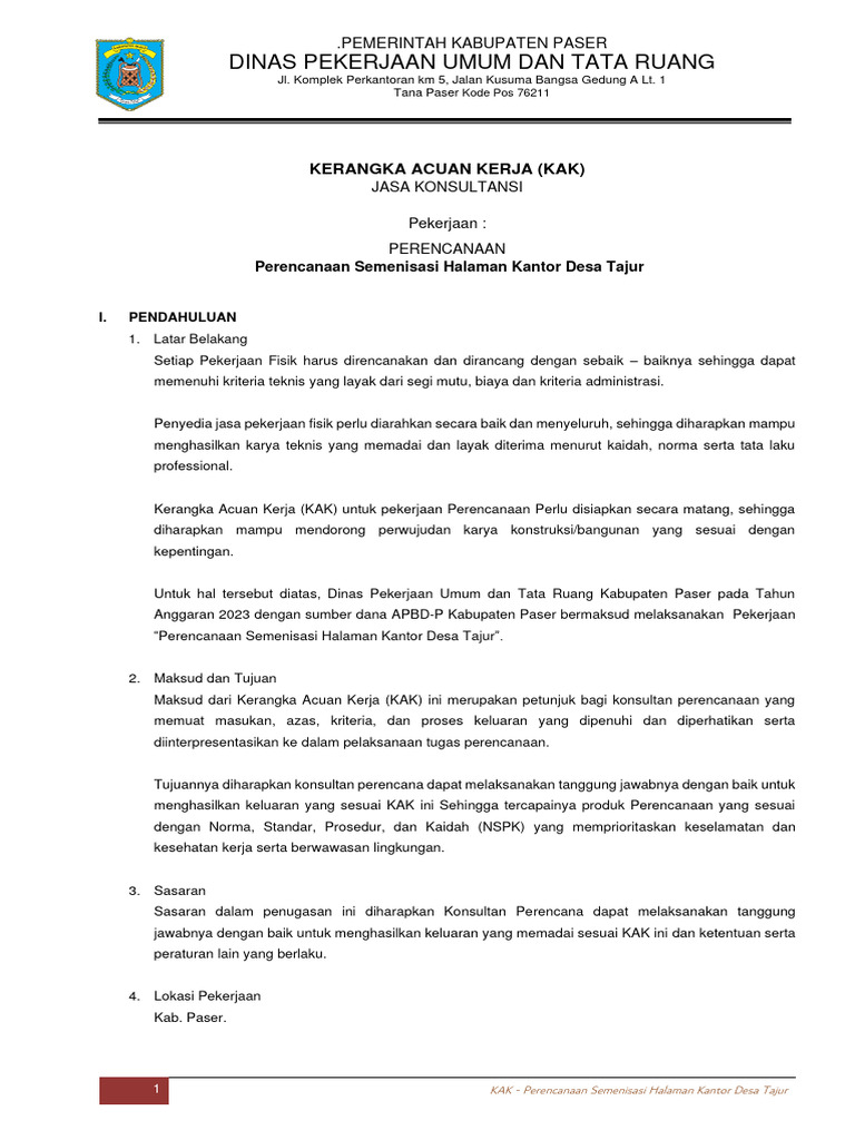 KAK Perencanaan Semenisasi Halaman Kantor Desa Tajur | PDF | Teknologi & Rekayasa