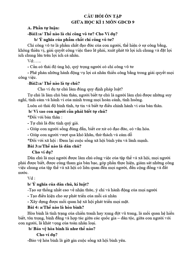 CÂU HỎI ÔN TẬP GK 1 GDCD 1 | PDF