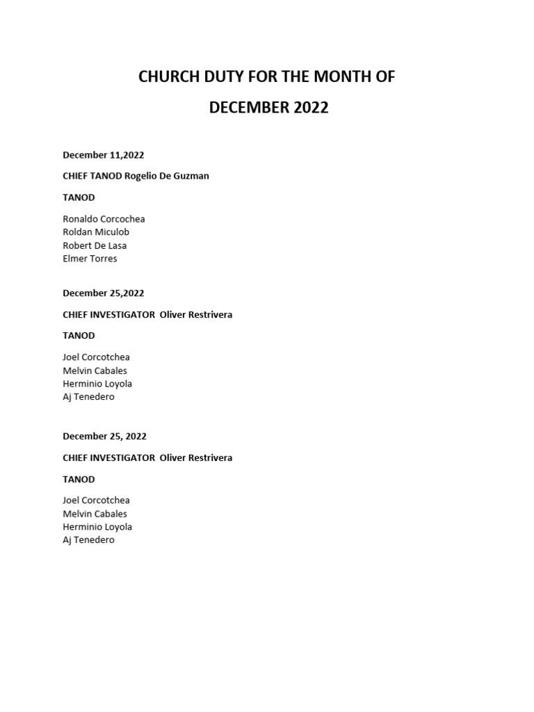 December 2022 - January 2023 Church Duty Schedule | PDF | Cooking, Food ...