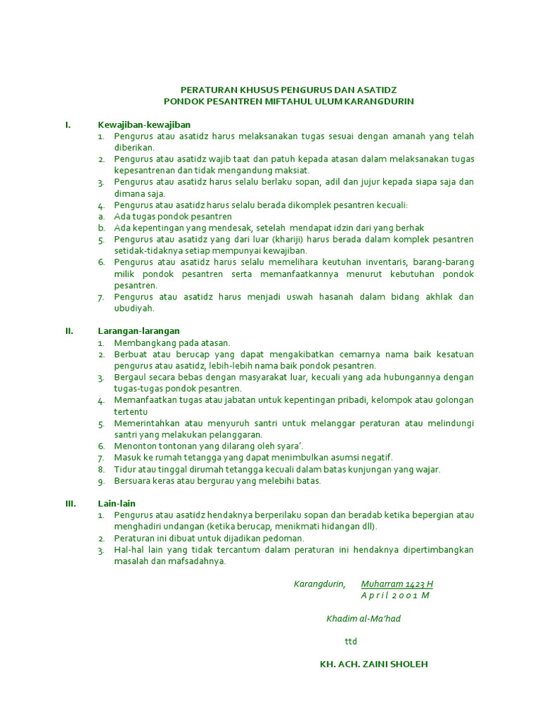 Peraturan Khusus Pengurus Dan Asatidz | PDF