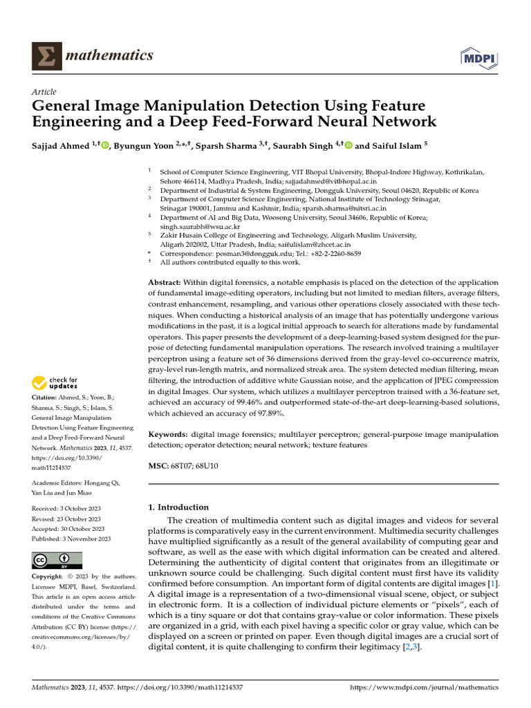 General Image Manipulation Detection Using Feature Engineering and A Deep Feed-Forward Neural ...