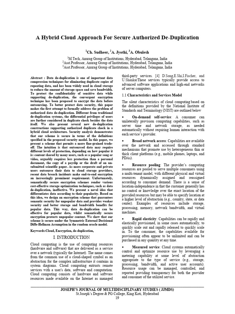A Hybrid Cloud Approach For Secure Authorized De-Duplication | PDF | Cloud Computing | Key ...