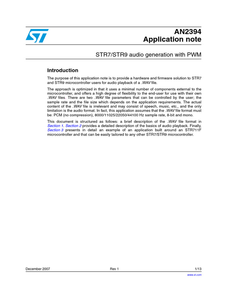 An2394 str7str9 Audio Generation With PWM Stmicroelectronics | PDF | Sampling (Signal Processing ...