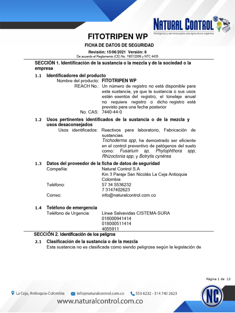 Ficha de Datos de Seguridad Fitotripen | PDF | Residuos | Agua
