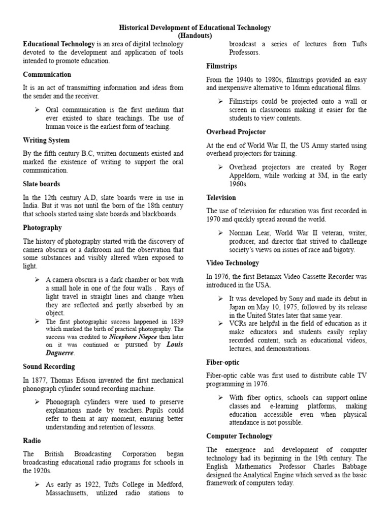 Historical Development of Educational Technology Handouts | PDF | Educational Technology ...