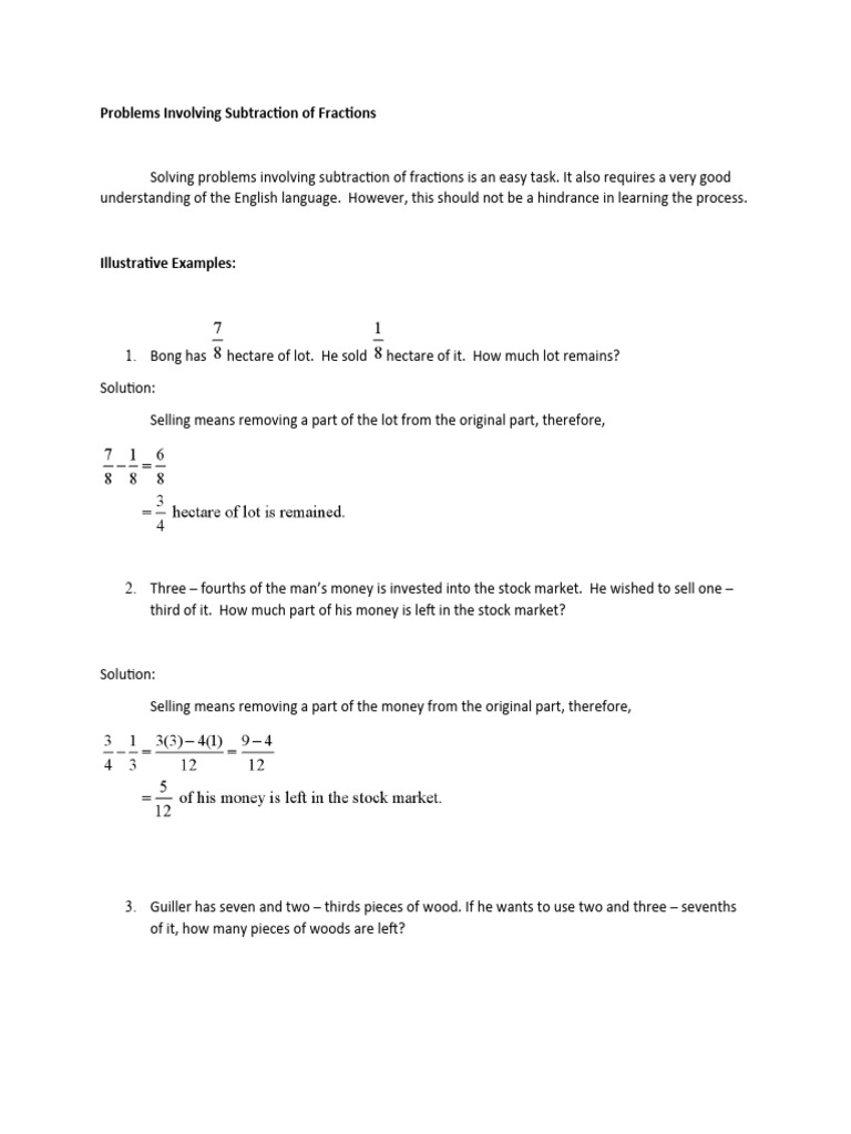 Problems Involving Subtraction of Fractions - 085411 | PDF