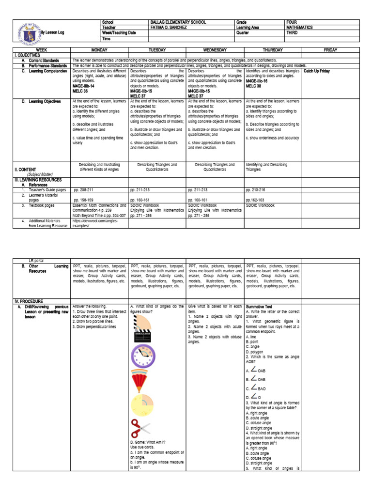 Grade 4 Math Lesson Plan: Angles & Shapes | PDF | Triangle | Rectangle