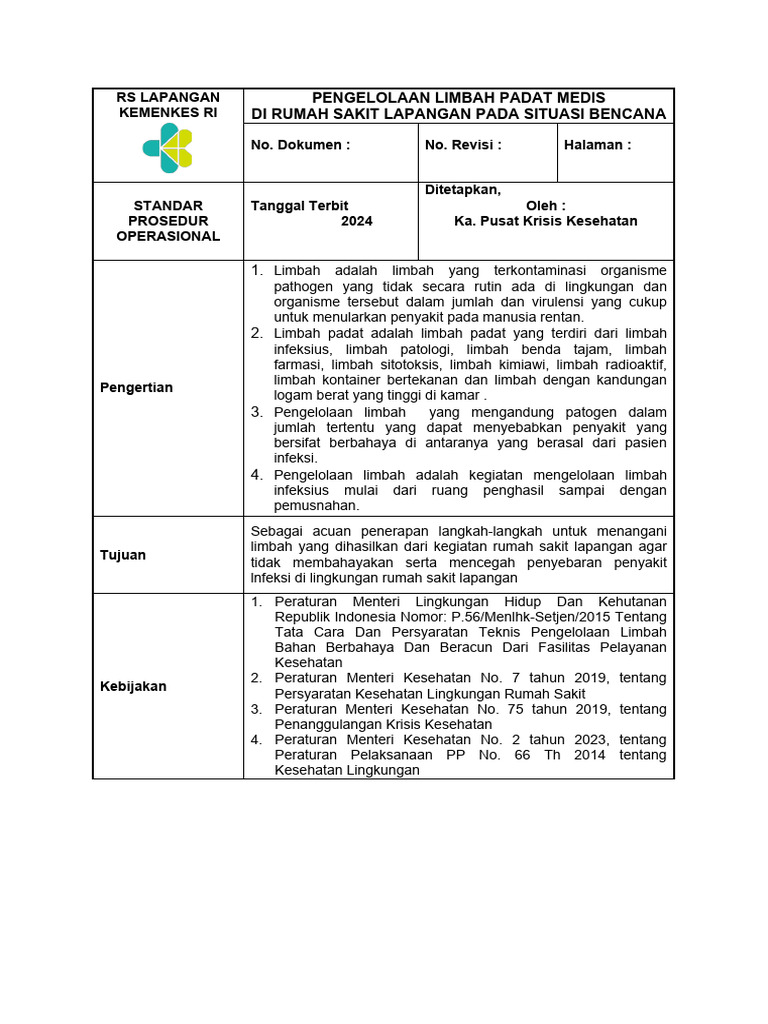 SPO Pengelolaan Limbah Padat Medis RS Lapangan | PDF | Kesehatan Holistik