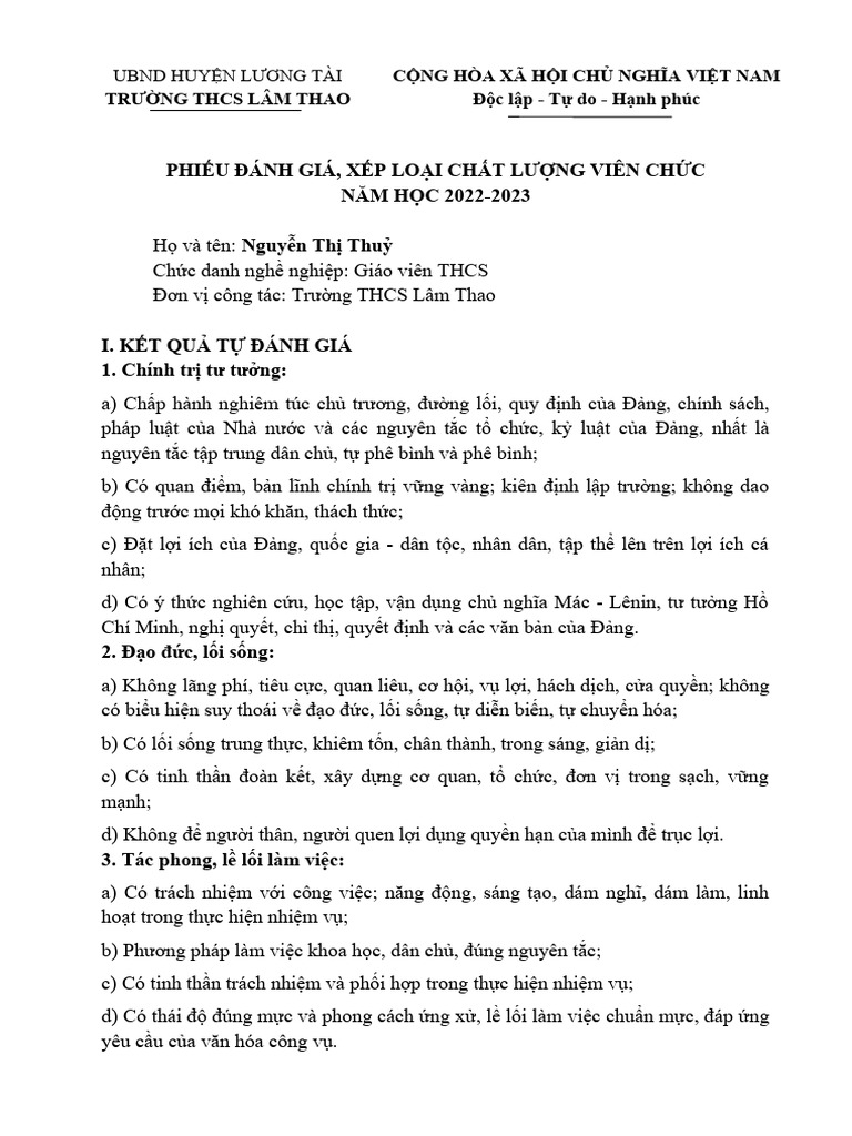 Ban Tu Danh Gia Xep Loai Vien Chuc 2022-2023 - Nguyễn Thị Thuỷ | PDF