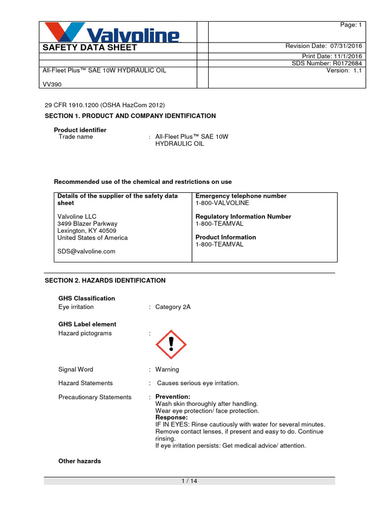 MSDS Sae10w | PDF | Dangerous Goods | Firefighting