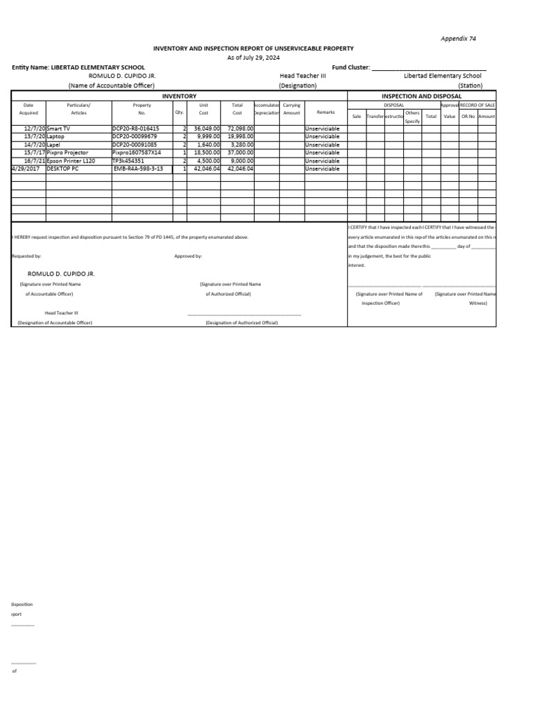 Unserviceable Property Inspection Report | PDF | Office Work ...