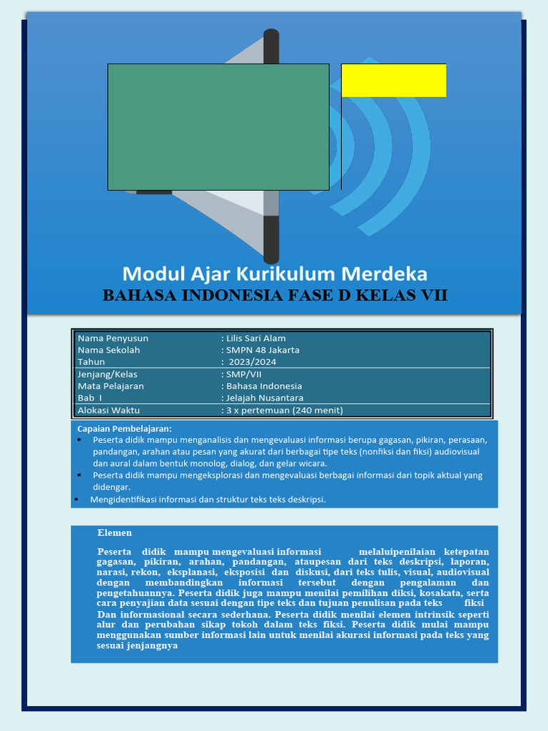 Modul Ajar BINDO Klas 7 Bab 1 Teks Deskripsi | PDF