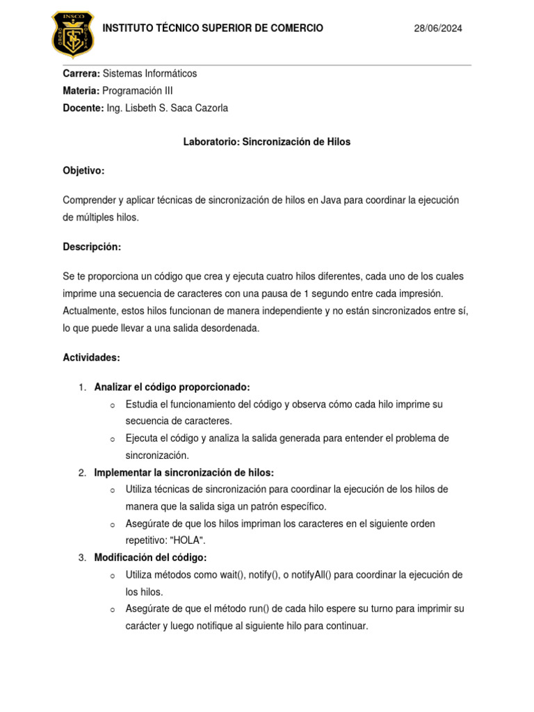 Sincronización de Hilos en Java | PDF | Hilo (Computación) | Laboratorios