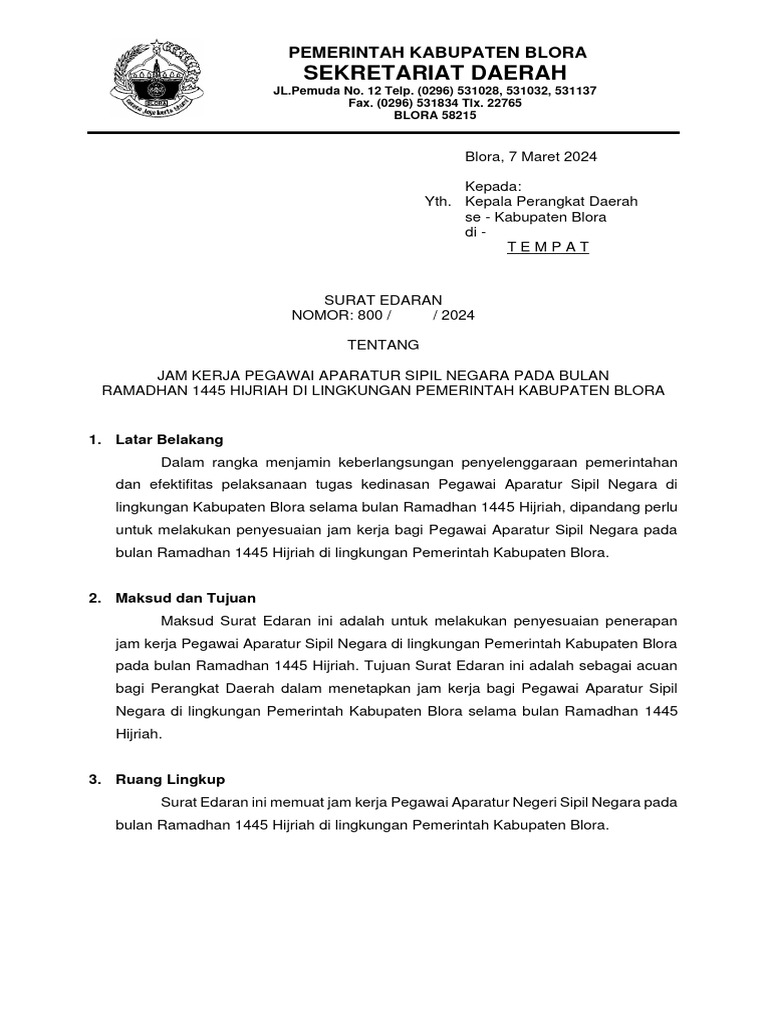 Surat Edaran Jam Kerja Ramadhan 2024 | PDF