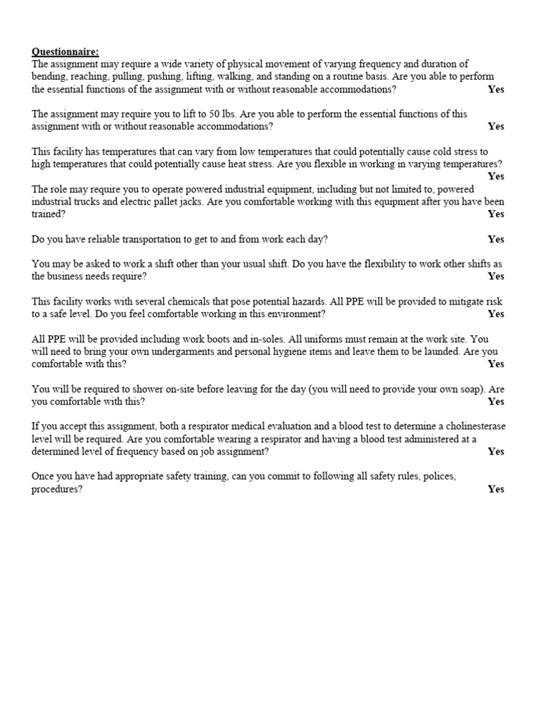Questionnaire | PDF | Personal Protective Equipment | Safety