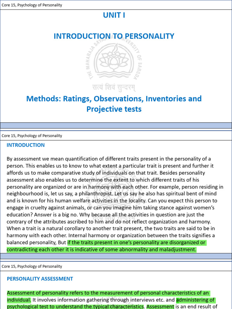 Unit 1 - Methods of Personality Assessment | PDF | Psychology | Psychological Concepts